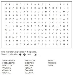 Printable word search puzzles in Spanish | Health 💊 - SpanishForNoobs.com