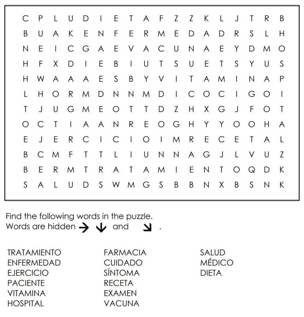 Printable word search puzzles in Spanish | Health 💊 - SpanishForNoobs.com