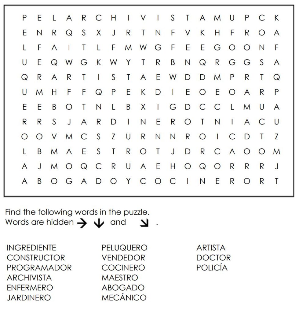 Printable word searches in Spanish | Jobs 👷 - SpanishForNoobs.com