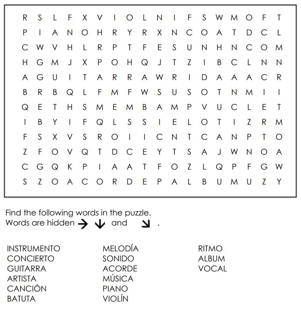 Printable Word Search Puzzle in Spanish | Music🎶 - SpanishForNoobs.com