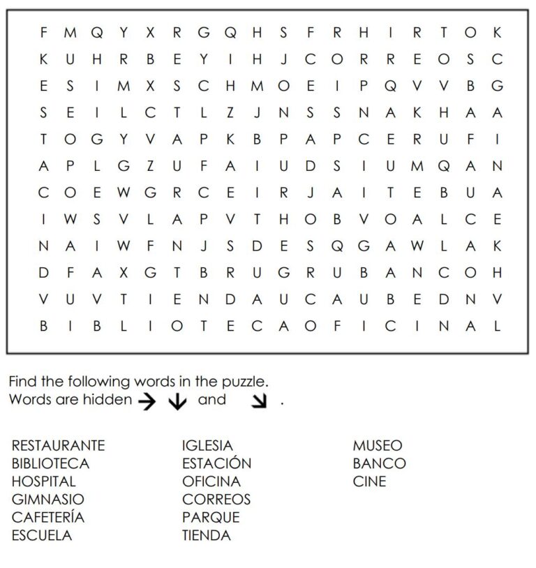 Printable word searches in Spanish | Places in town - SpanishForNoobs.com
