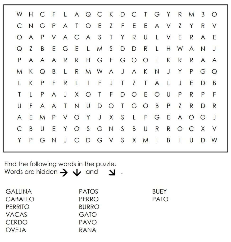 Printable word searches in Spanish | Farm animals - SpanishForNoobs.com