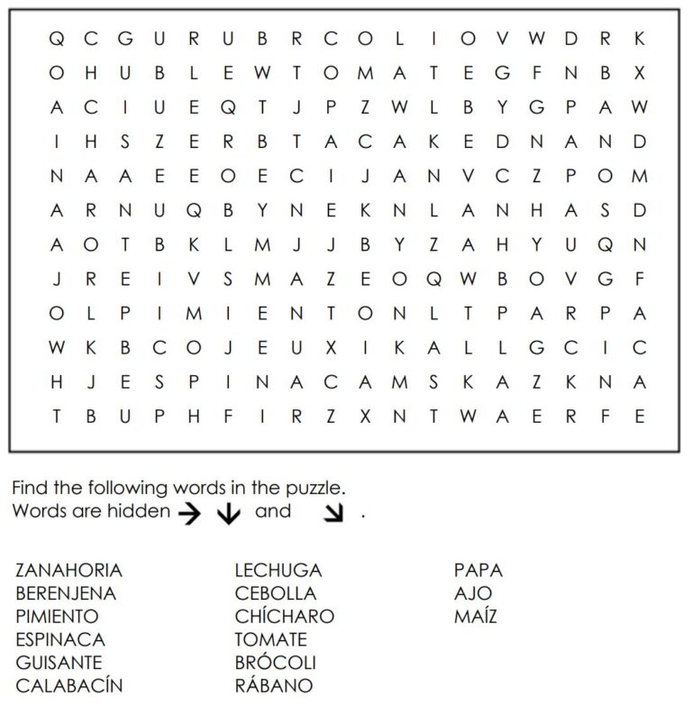 Printable Word Search Puzzle in Spanish | Vegetables🥦 - SpanishForNoobs.com