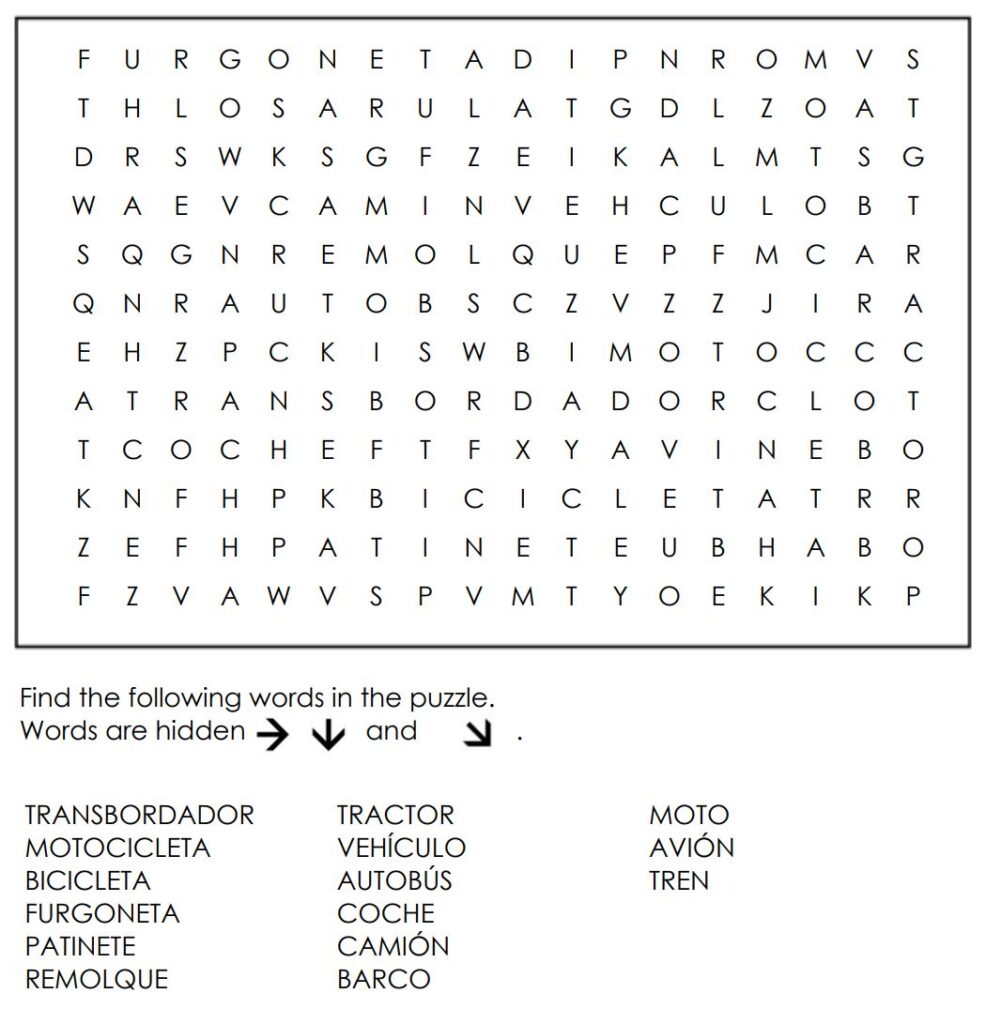 Printable Word Search Puzzle in Spanish | Vehicles🚗 - SpanishForNoobs.com