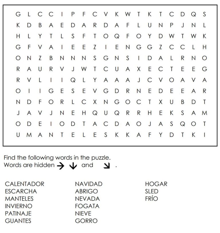 Printable Word Search Puzzle in Spanish | Winter⛄ - SpanishForNoobs.com