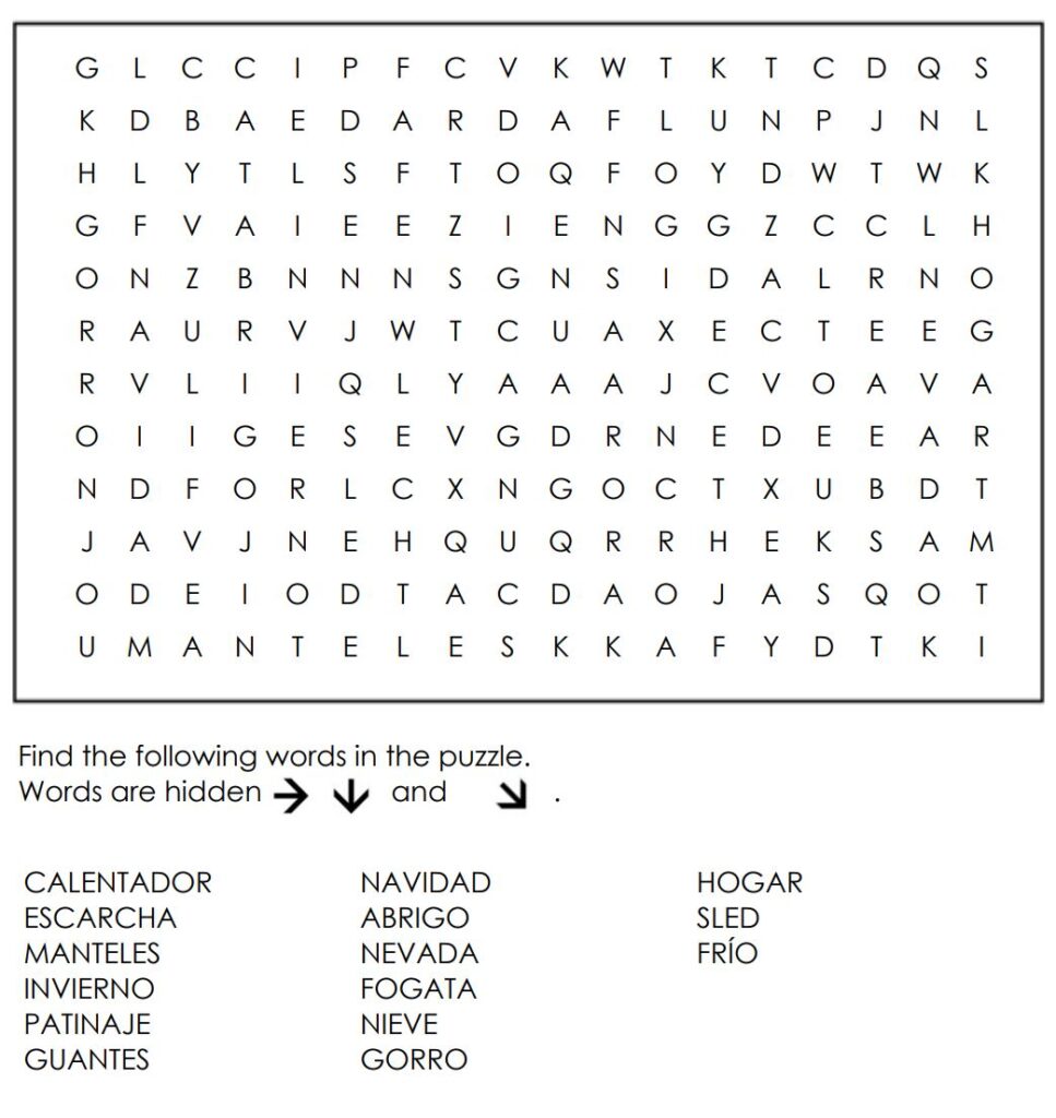 Printable Word Search Puzzle in Spanish | Winter⛄ - SpanishForNoobs.com